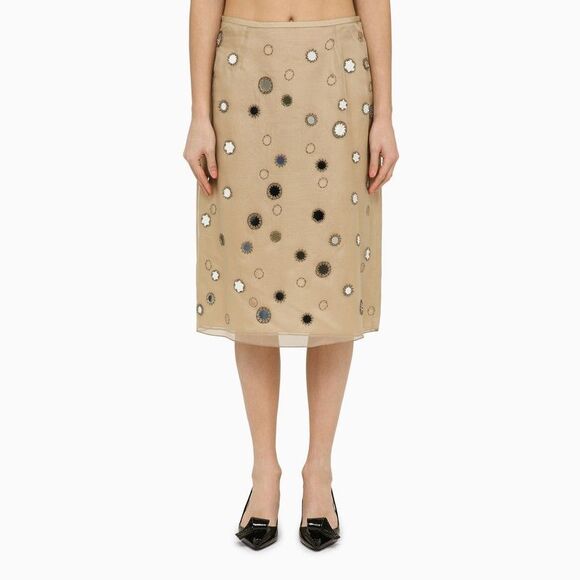 Prada | Skirts | Prada Beige Silk Midi Skirt With Mirrors | Poshmark